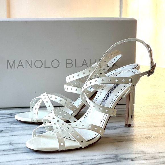 Manolo Blahnik | Shoes | Manolo Blahnik White Patent Strappy Heels With ...